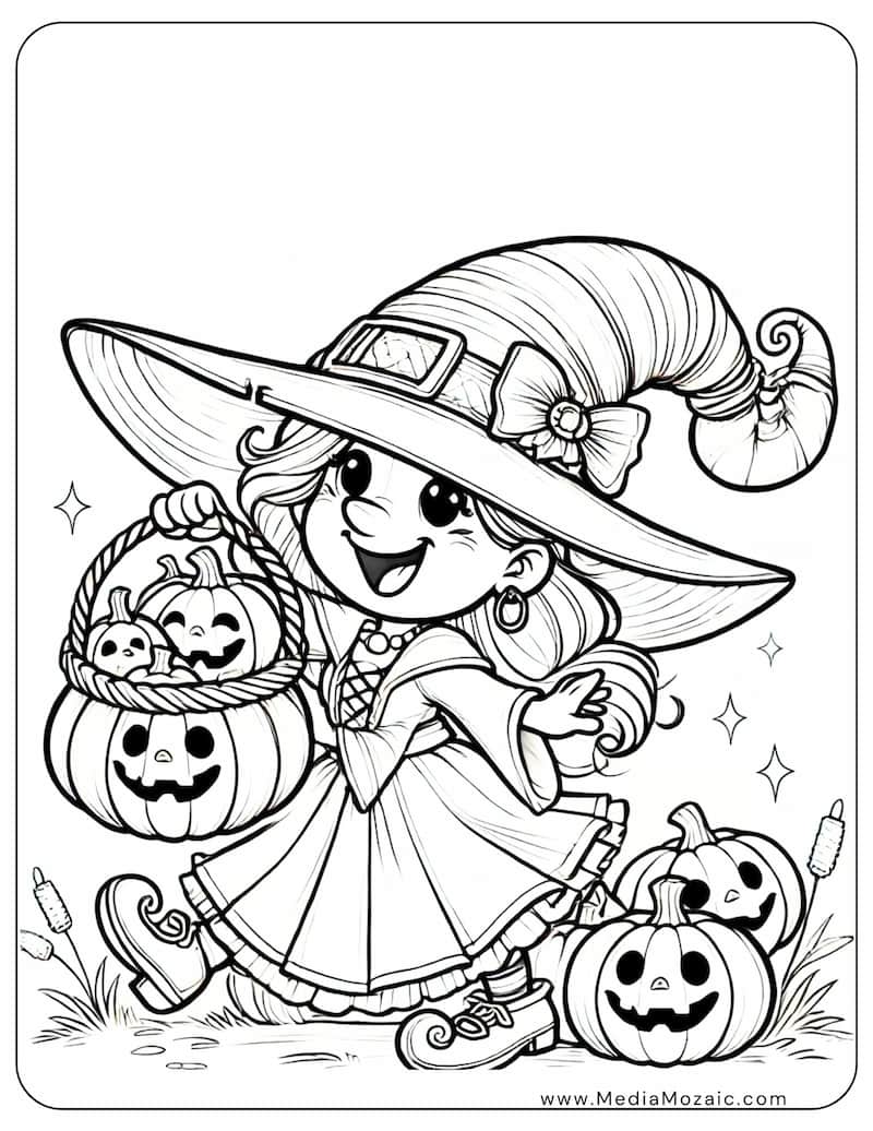 Free Halloween Witch Coloring Pages Printable , PDF Download - Media Mozaic